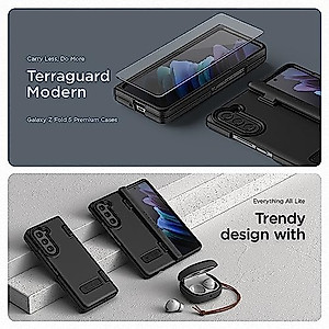 VRS DESIGN Phone Case for Galaxy Z Fold 5 5G (2023) [Terra Guard Modern], Premium Modern Neat Style [Anti Scratch Hinge Protection] Case with Tempered Glass Screen Protector Matte Black