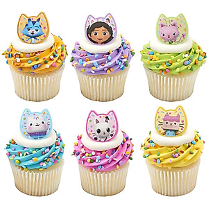 DecoPac DreamWorks Gabby's Dollhouse Rings, 24 Cupcake Decorations Featuring Gabby, Pandy Paws, Irresistible Kitty Characters, and Super Fun Adventures! - 24 Pack