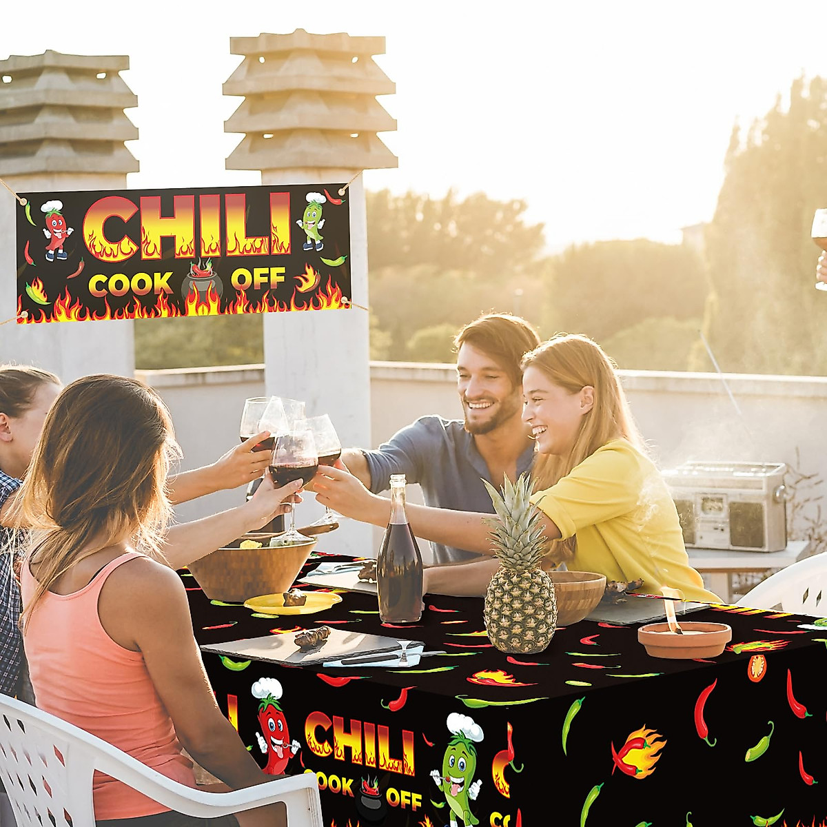 Tkifoda Chili Cook Off Decorations, 71" x 24" Chili Cook Off Banner, 3 Pcs Chili Pepper Plastic Tablecloth Table Cover 53" x 108", Mexican Fiesta Chili Cooking Party Supplies