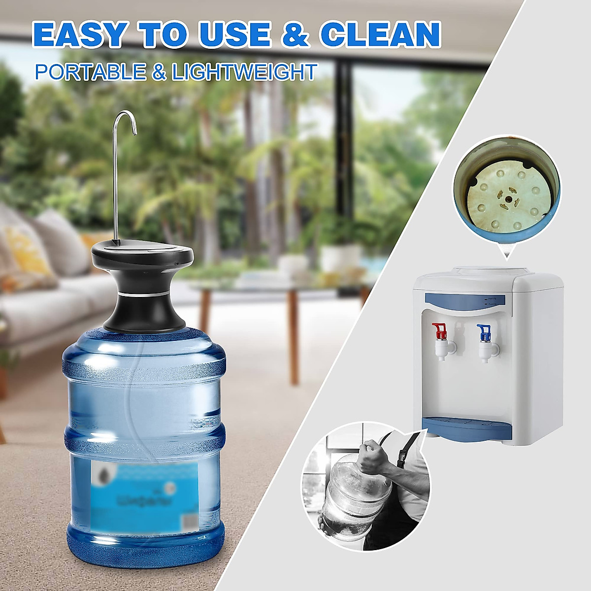 Drinking Water Dispenser Pump with Tray, Maypott Electric Water Pump for 1-5 Gallon Bottle Water Jugs, USB Rechargeable BPA-Free, Portable for Home Kitchen, Outdoor Camping (Black)