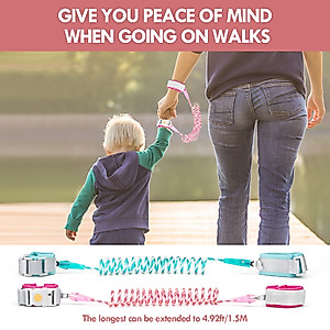 Toddler Leash 2 Pack, Kids Leashes for Backpack, Key Lock and Induction Lock, Anti Lost Wrist Links Baby Walking Harness for Travel Outdoor Activities(Light Pink+Green)