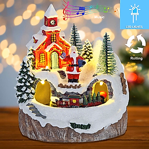 innodept12 Red Christmas Village Church House - Festival Scene Moving Train and Santa Claus with Led Lights, Music for Christmas Decor