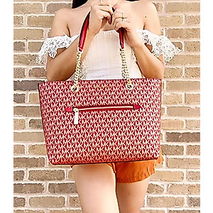 Michael Kors Jet Set Travel Medium Front Pocket Chain Tote Chili Red Gold MK