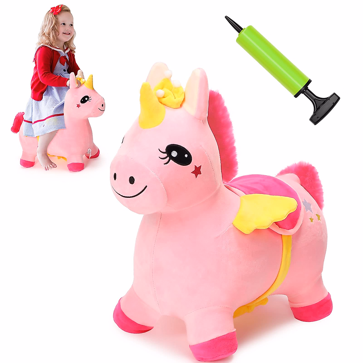 Bouncy Christmas Pink Unicorn Bouncer, Toddler Girl Bouncing Animal Hopper, Inflatable Plush Hopping Toy for Baby First Birthday Gift 36 Month 3 4 Year Old Kid