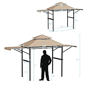Double Tiered Grill Gazebo, 13.5 x 4 Feet Patio BBQ Grill Gazebo with Dual Side Awnings Outdoor BBQ Patio Canopy Tent (Beige)