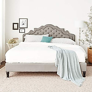 HomeLife Premiere Classics 51" Tall Platform Bed with Cloth Headboard and Slats - King (Light Grey Linen)