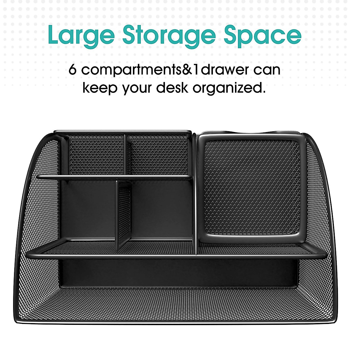 MaxGear Mesh Desk Organizer Office Desktop Organizer with Drawer, Metal Stationary Organizer Black Desk Caddy, 6 Compartments, 8.7 x 5.5 x 5 inch, 1 Pack