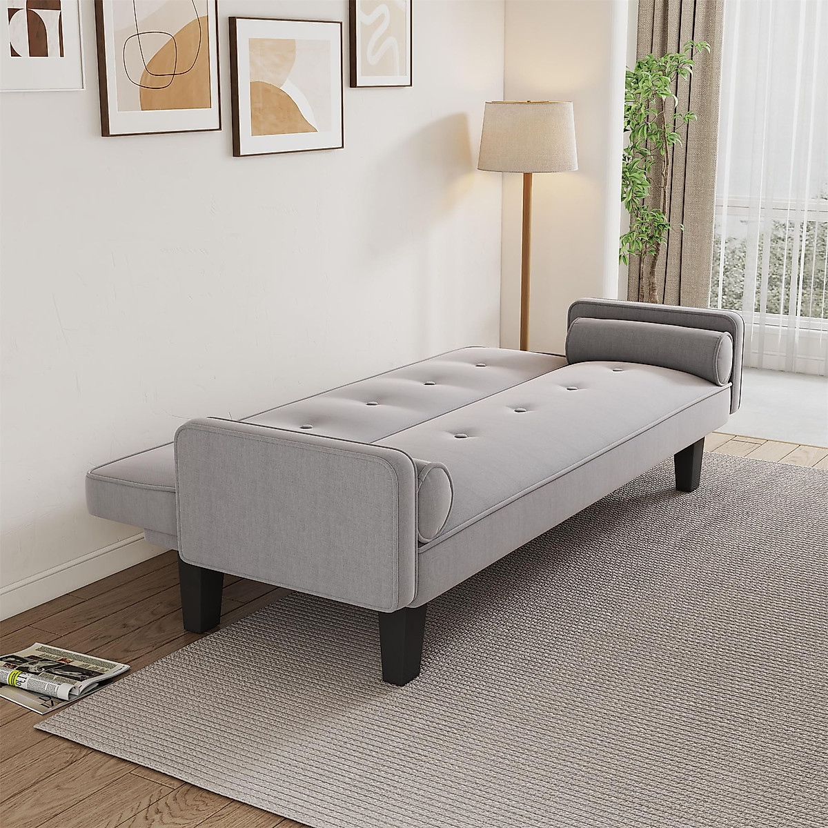 72" Convertible Sofa Couch Bed with 2 Pillows, Cotton Linen Loveseat Sofa Bed with Soild Wood Legs,Modern Upholstered Folding Reclinerfor Living Room Apartment Office