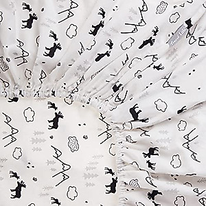 Lumberjack Moose Deluxe Flannel Fitted Crib Sheet-Moose and Mountain Print, Cotton Flannel, Black, Gray, White, Fully Elasticized, 10 in Deep Pockets, Fits Standard Crib Mattress 28 in x 52 in