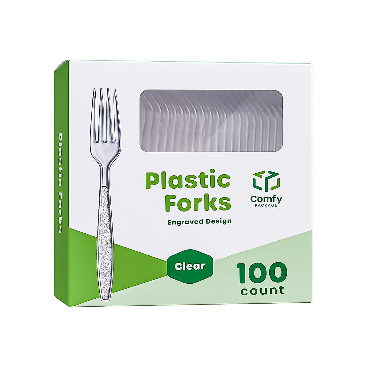 Comfy Package [100 Pack] Heavyweight Clear Plastic Forks with Engraved Design - Disposable Sturdy Plastic Utensils for Parties, Weddings, and Events