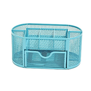 Black office accessories, desk pen holder, mesh desk organizer with 8 compartments and 1 drawer, student stationery creative desktop iron mesh combination organizer, suitable for office home school classrooms (red)