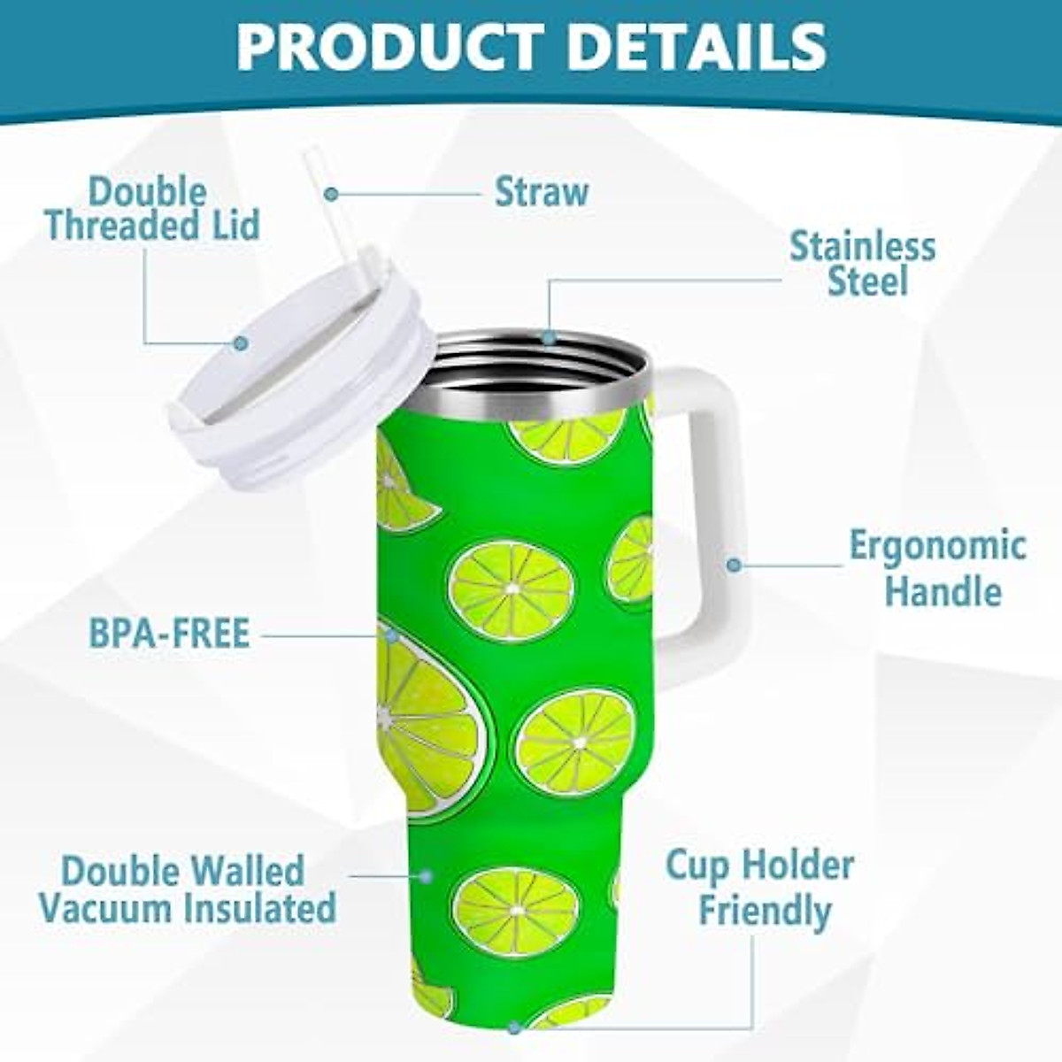 RPLIFE Sliced Limes Fun Green 40oz Tumbler with Handle, 30oz Tumbler, Coffee Tumbler