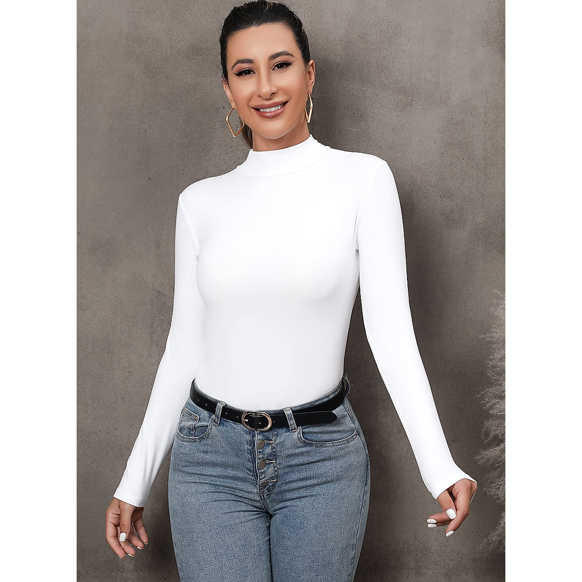 FOUGEDE Women's Mock Turtleneck Long Sleeve/Sleeveless/Half Sleeve/Short Sleeve/Crop Top Basic Fitted Stretch Slim Tops White