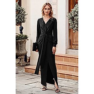 PRETTYGARDEN Women's Spring Long Sleeve Maxi Bodycon Dresses V Neck Twist Front Ruched Cocktail Evening Dress with Slit (Black,Medium)