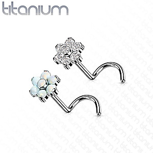 Dynamique Implant Grade Titanium Threadless Push In Nose Screw Rings With CZ Or Opal Set Flower Top (Sold Per Piece)
