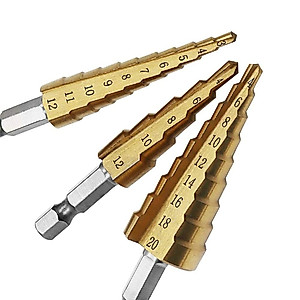 Fongmore 3Pcs 1/4" Hex Shank Drive Quick Change High Speed Steel Titanium Step Drill Bit Short Length Drill Bits for Hole Drilling 3-12mm 4-12mm 4-20mm