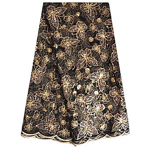 SanVera17 African Fabric Sequins Rope Embroidered Net Fabrics Butterfly Battern Base Fabric Color (Black) for Party Dress 5 Yards