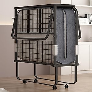 Mjkone Folding Bed with 5 Inch Memory Foam Mattress, Single Rollaway Bed for Guests, Space Saving Portable Bed with Lockable Wheels, Easy Assembly & Moving, 75 x 31 (Upgraded)