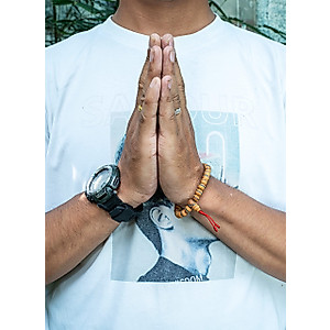 Tibetan Mala Embedded Medicine Wrist Mala for Meditation Handmade Draw String Silk Pouch Each wood bead is embedded with turquoise, coral, (Wood Guru bead)