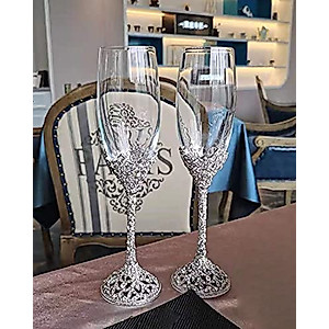 Jozen Gift Champagne Flutes - Crystal Glass Metal Base With Crystal Stones, Set of 2 Toasting Flute Pair, Wedding Anniversary Party Birthday Banquets and Gifts for Bride and Groom7oz