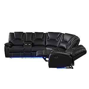 Evedy Living Room Furniture Sets, Sectional Sofa with LED Light Strip,Modern Faux Leather Manual Reclining with Center Console,PU Symmetrical Couch with 2 Cup Holders and Storage, Black e