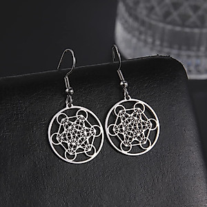 Metatron's Cube Earrings For Women Stainless Steel Sacred Geometry Flower Of Life Earrings Geometric Charm Hexagram Earrings Bohemian Style Jewelry (silver)