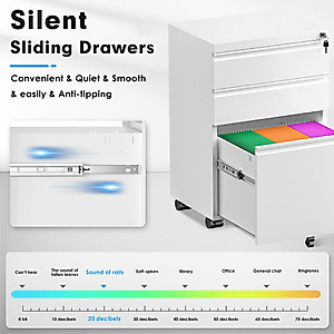 Pataku White File Cabinet 3 Drawer, Mobile File Cabinet with Lock and Wheels, Under Desk Metal Filing Cabinet for Office，Lockable Rolling Cabinet with 2 Keys for Legal/Letter/A4 Size, Easy Assemble