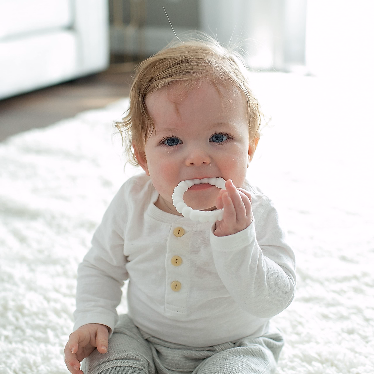 Dr. Brown's Flexees Beaded Teether Rings, 100% Silicone, Soft & Easy to Hold, Encourages Self-Soothe, 3 Pack, Pink, White, Gray, BPA Free, 3m+