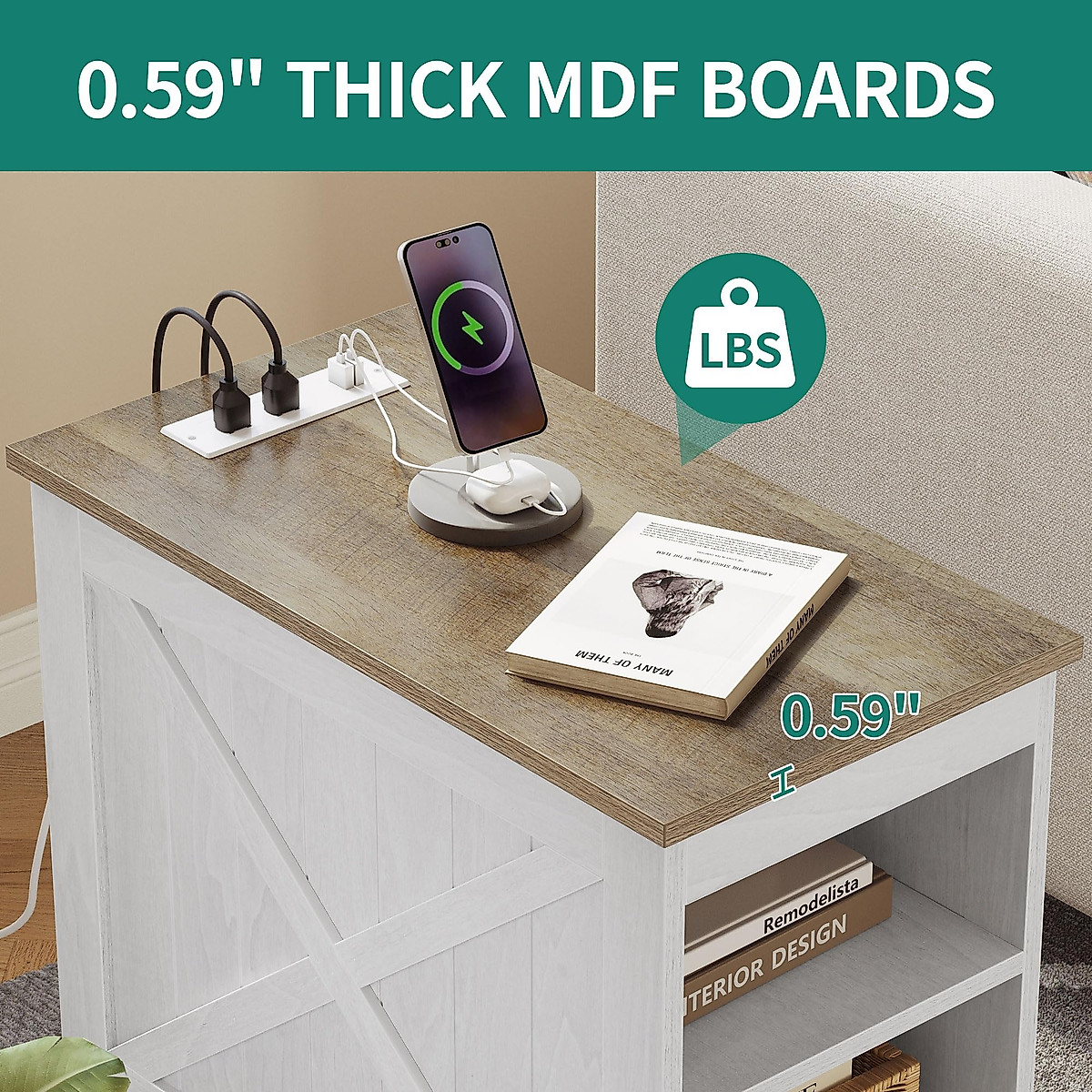 YITAHOME End Table with Charging Station, Narrow Side Table with Storage Shelf, Farmhouse Nightstand with Storage for Small Spaces, Living Room, Bedroom, Grey Wash