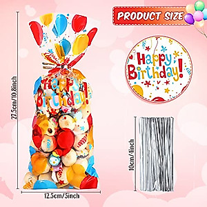 100 Pieces Birthday Party Treat Bags Bright Balloon Print Clear Plastic Cellophane Candy Goodie Gift Bags with 100 Pieces Silver Twist Ties for Birthday Party Decorations