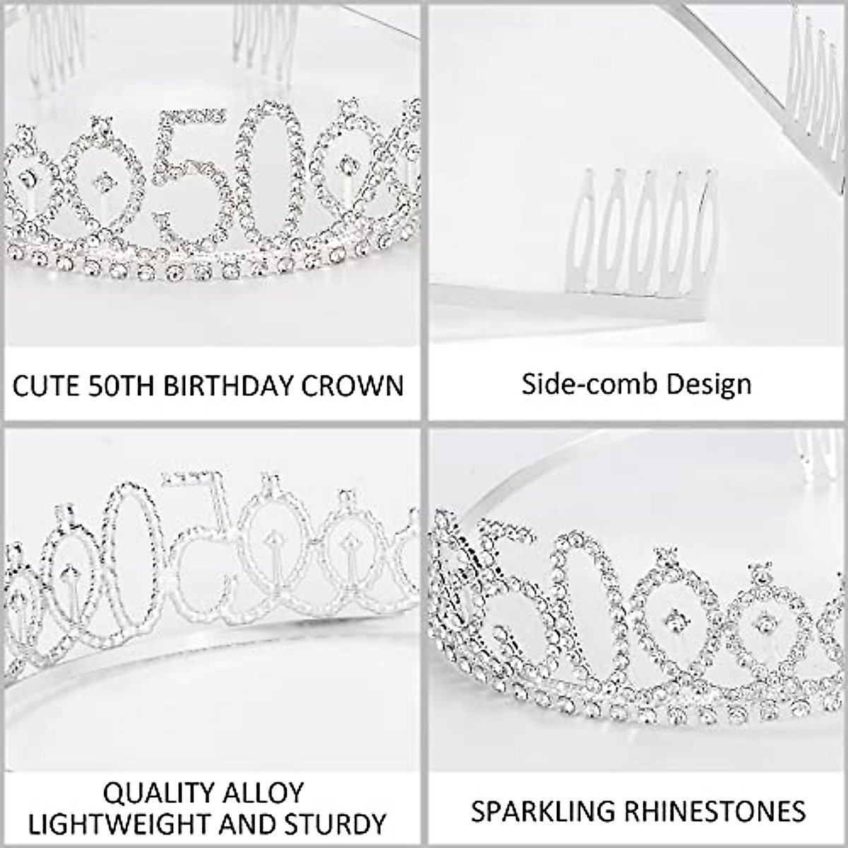 Tihebax 50th Birthday Sash and Crown/Tiara Set 50th Birthday Gifts for Women 50th Birthday Decorations Women Bonus 50th Cake Topper Pearl Pin (silver)