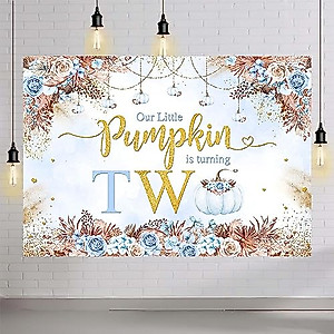 MEHOFOND 7x5ft Boho Blue Fall Pumpkin 2nd Birthday Backdrop Autumn Our Little Pumpkin is Turning Two Bday Party Photography Background Boho Floral Gold Glitter Party Decor Cake Smash Photo Prop