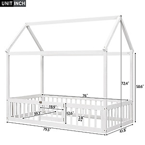 Twin Bed Frames with Fence and Door Roof, Pine House Shaped Montessori Floor Mattress Foundation for Kids Girls Boys