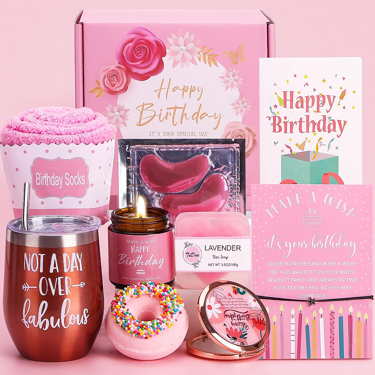 Birthday Gifts for Women, Happy Birthday Bath Set Relaxing Spa Gift Baskets Ideas for Her, Self Care Gifts for Women, Sister, Friends, Coworker, Unique Gifts for Women Who Have Everything