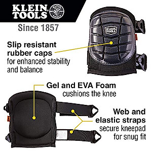 Klein Tools 60184 Knee Pads, Lightweight Gel Knee Pads with Slip Resistant Rubber Caps and Adjustable Straps, Great for Construction, Black
