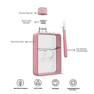 Mochic 13oz Flat Portable Travel Mug Handbag Slim Cold Flask | BPA Free A5 Water Bottle Tritan Plastic | Sports, Camping, Gym, Fitness, Outdoor - Leak Proof. 380ml (Pink)