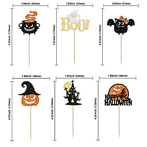 24Pcs Happy Halloween Cupcake Toppers Glitter Halloween Cupcake Picks Bat Pumpkin Ghost Cupcake Decorations for Halloween Theme Baby Shower Birthday Party Cake Supplies
