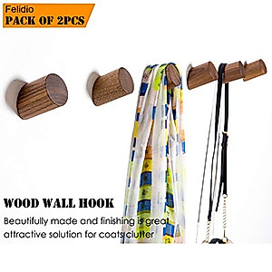 Felidio Wall Hooks, Natural Wood Coat Hooks Wall Mounted (2 Pack) - Rustic Wall Coat Rack Hat Hooks Robe Hook Entryway Wall Hangers Heavy Duty Hooks for Hanging Towels (Black Walnut)