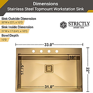 Strictly Sinks 33” Topmount Kitchen Workstation Sink Gold Single Bowl 16 Gauge Stainless Steel Drop In Sink With Scratch, Stain Resistant Colander, Cutting Board, Bottom Grid & Square Disposal Adapter