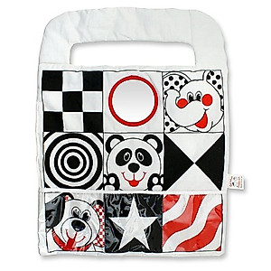 Reversible Car Activity Center Toy for Baby in Black, White and Red, Easy to Attach, with Baby Safe Mirror