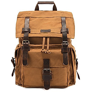 Kattee Men's Leather Canvas Backpack Large Bag Travel Rucksack Khaki