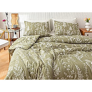 JANZAA 3 Pieces Duvet Covers Queen Size Floral Cover White Botanical Printed on Qlive Geen Soft Bed with Zipper Closure 4 Ties All Season Using(2 Pillow Cases)