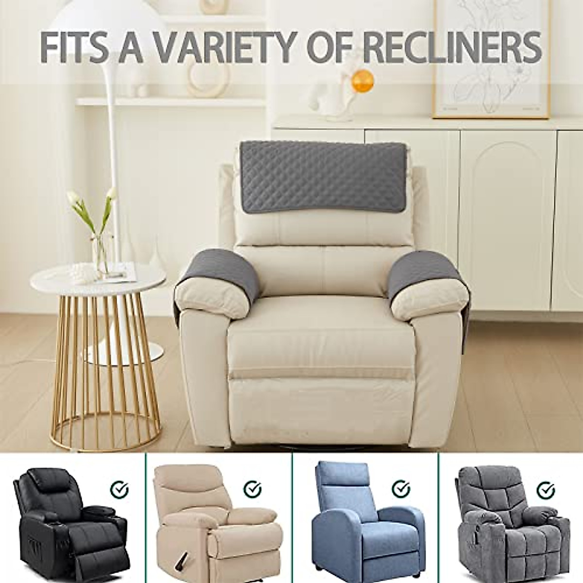 EXTLEZSA Sofa Armrest Cover, Headrest Cover for Recliner Chair Arm Cover,Armchair Slipcover Nonslip Quilted Furniture Protector for Pets Leather Sofa Couch (Dark Gray,1 Person (Set of 3))