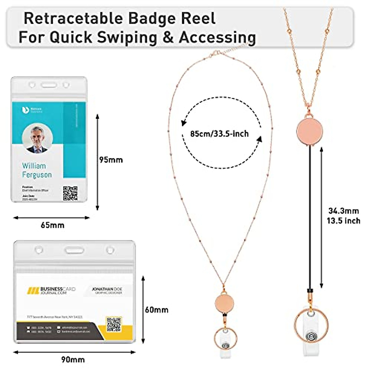 Retractable Badge Reel Lanyard with ID Holder,3 Pcs Beaded Badge Lanyard with 6 Waterproof Name Badge Holder Stainless Steel Necklace Lanyards for Women (Rose Gold,Sliver,Gold)