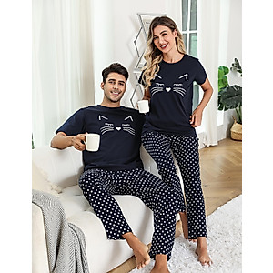 EISHOPEER Women's Pajama Set Printed Short Sleeve Top & Long Pants Sleepwear Pjs Sets Navy Blue XS