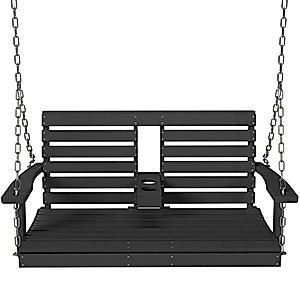KINGYES Outdoor Hanging Porch Swing, 2 Seat Patio Swing Chair with Cup Holders, Waterproof Swing Chair Bench for Courtyard & Garden, 660LBS Weight Capacity, Black