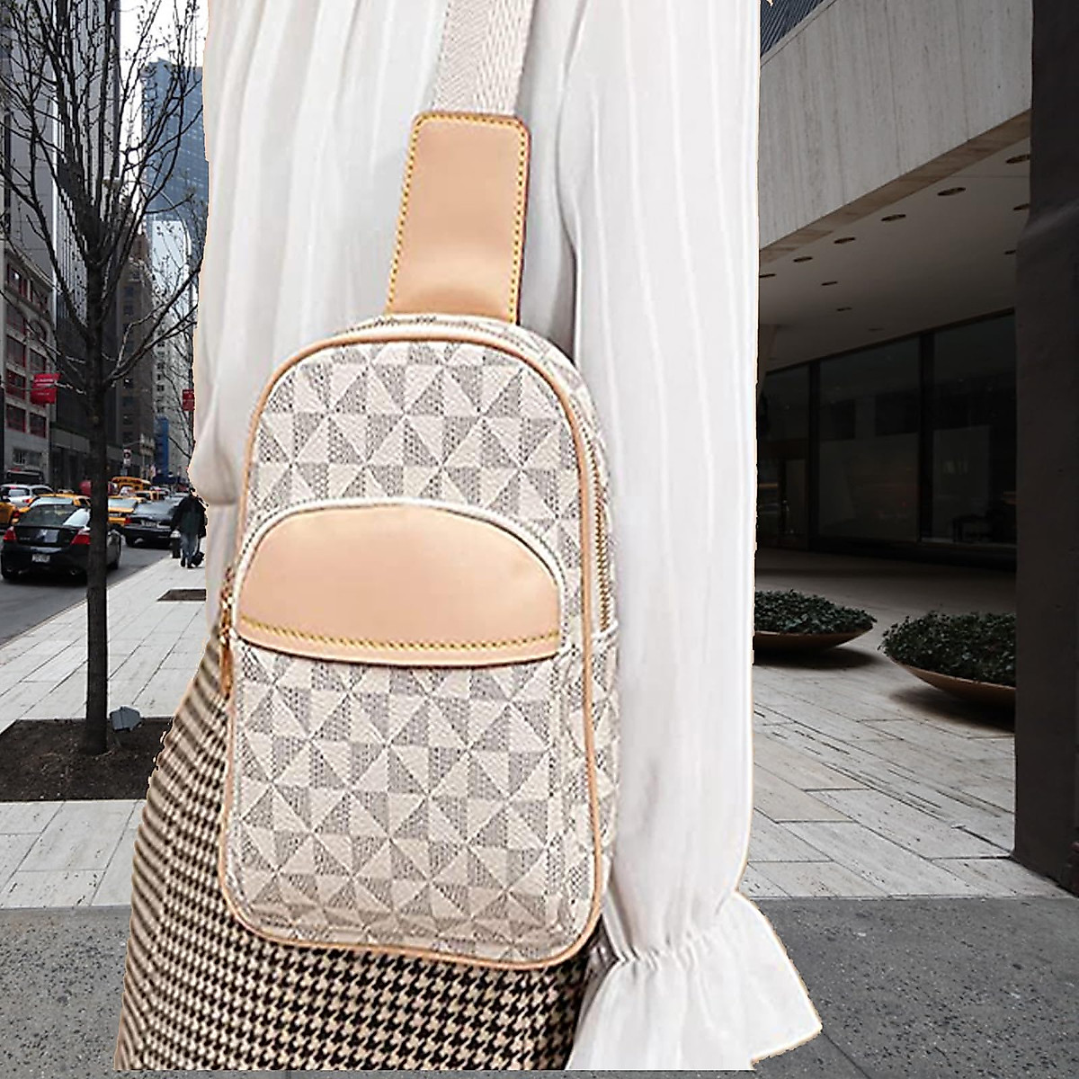 Sling Bag for Women Small Belt Chest Bum Bag Checkered waist Fanny Pack Crossbody for women Designer-Perfect for On-the-Go Style (White)