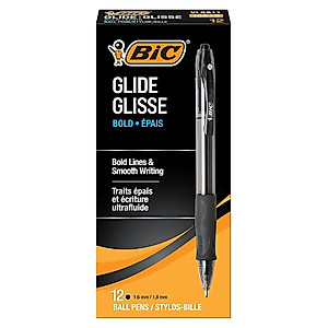 BIC Glide Bold Black Ballpoint Pens, Bold Point (1.6mm), 12-Count Pack, Retractable Ballpoint Pens With Comfortable Full Grip (VLGB11-BLK)