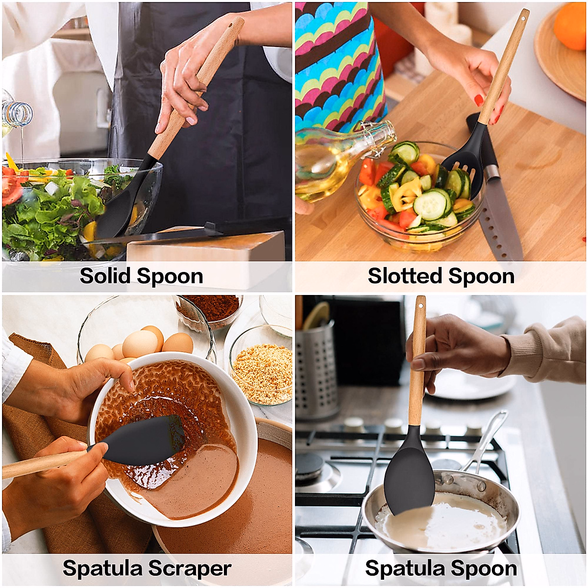 LIANYU 30 PCS Silicone kitchen Cooking Utensils Set with Holder, Heat Resistant Kitchen Essentials Utensils Set Wooden Handle, Cooking Tools Set Including Tuner, Spatula, Spoon, Ladle, Black