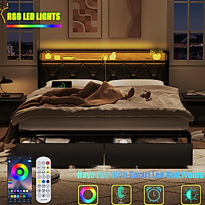 Ailisite King Size Bed Frame with Headboard and Storage Drawers, Black Upholstered Bed Frame King with Charging Station, Led King Platform Bed Frame Metal Bed Frame, No Box Spring Needed,Easy Assembly